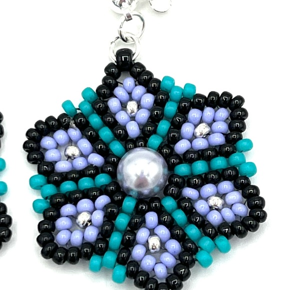 Hand Crafted | Jewelry | Hand Crafted Beaded Flower Earrings Black And Purple | Poshmark